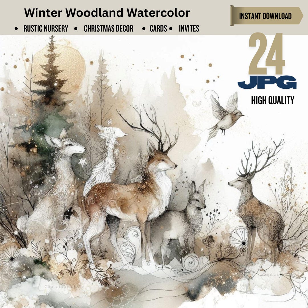 Watercolor Woodland Deer Clipart: Nordic Nursery & Christmas Decor (JPG ...