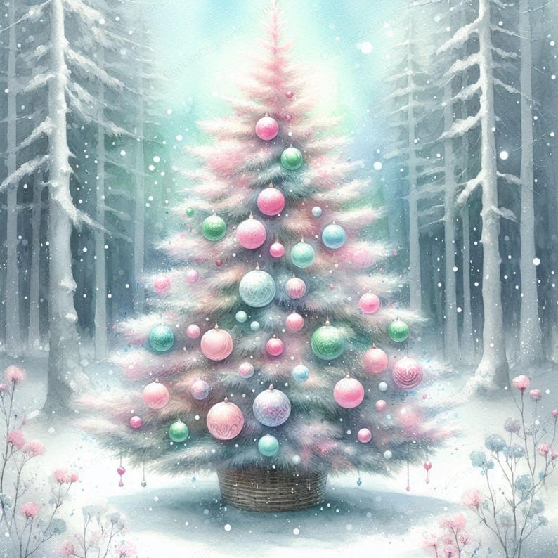 Pastel Christmas Tree Clipart Bundle, Blush Pink Watercolor Christmas ...