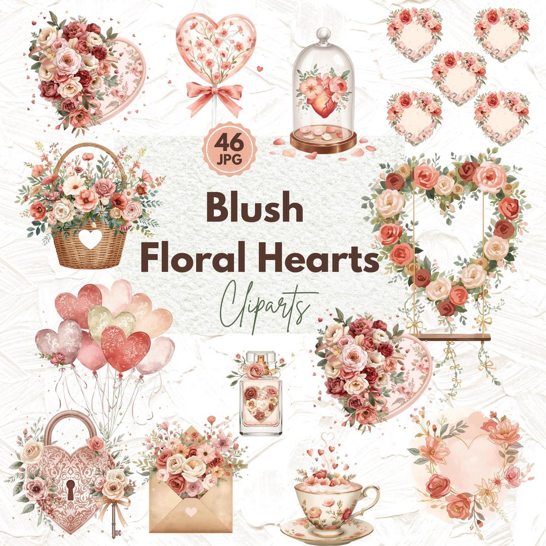 Blush Floral Heart Clipart Bundle, Romantic Valentine Graphics (46 JPG ...