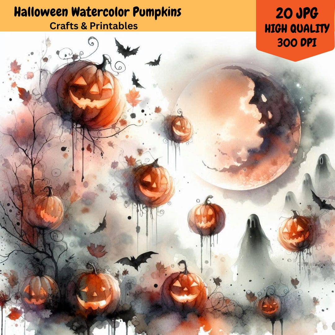 Watercolor Jack O Lantern Clipart: Halloween Pumpkins, Ghosts, Bats ...