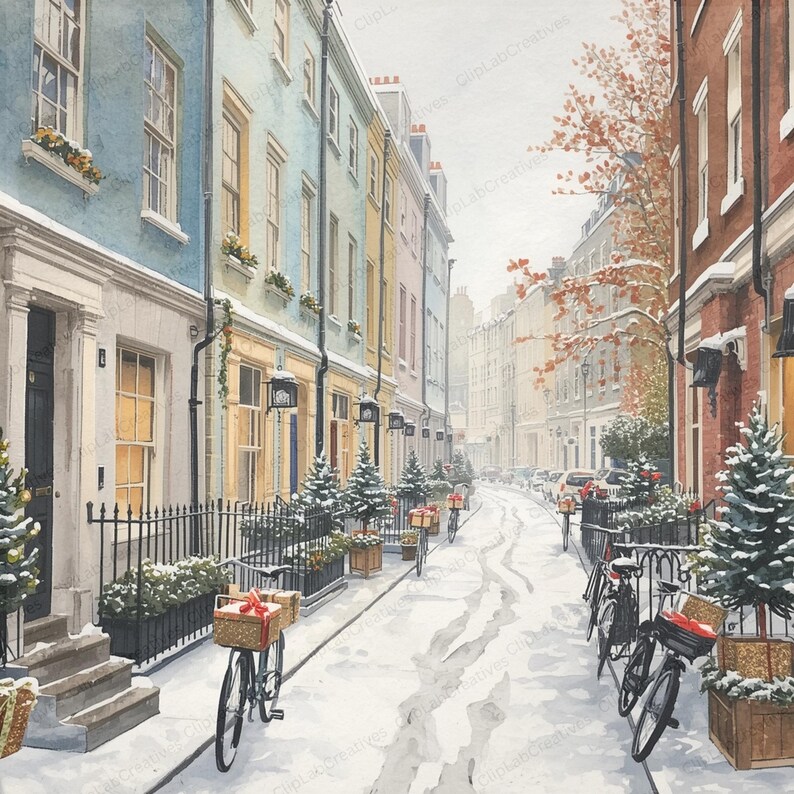 London Christmas Cityscape Watercolor Clipart, Winter London Street ...
