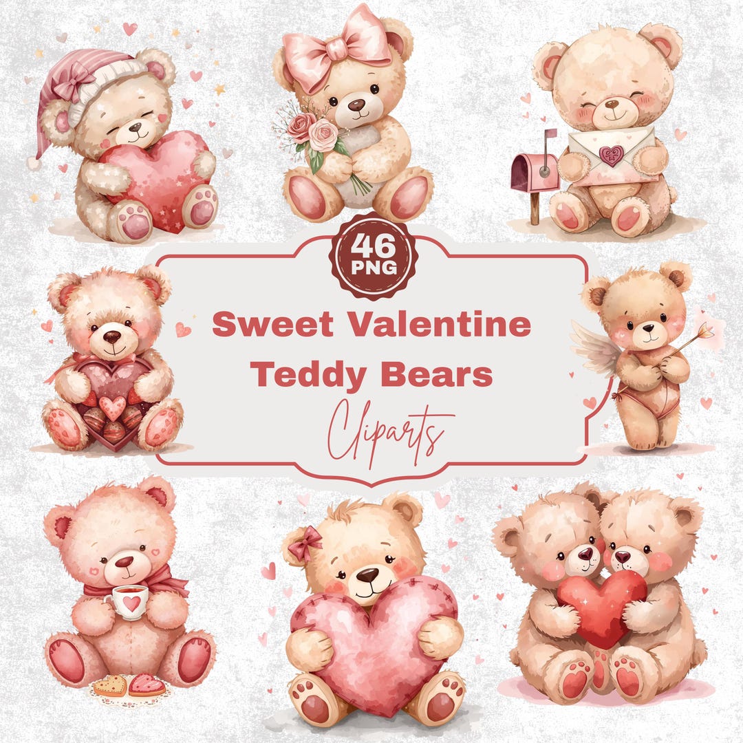 Watercolor Teddy Bear Clipart, Valentine's Day PNG Bundle (46 Files) - Etsy