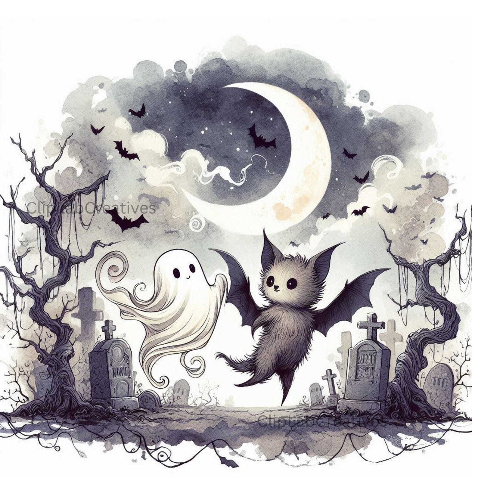 Kawaii Halloween Clipart: Bat & Ghost Watercolor Duo (digital Download ...