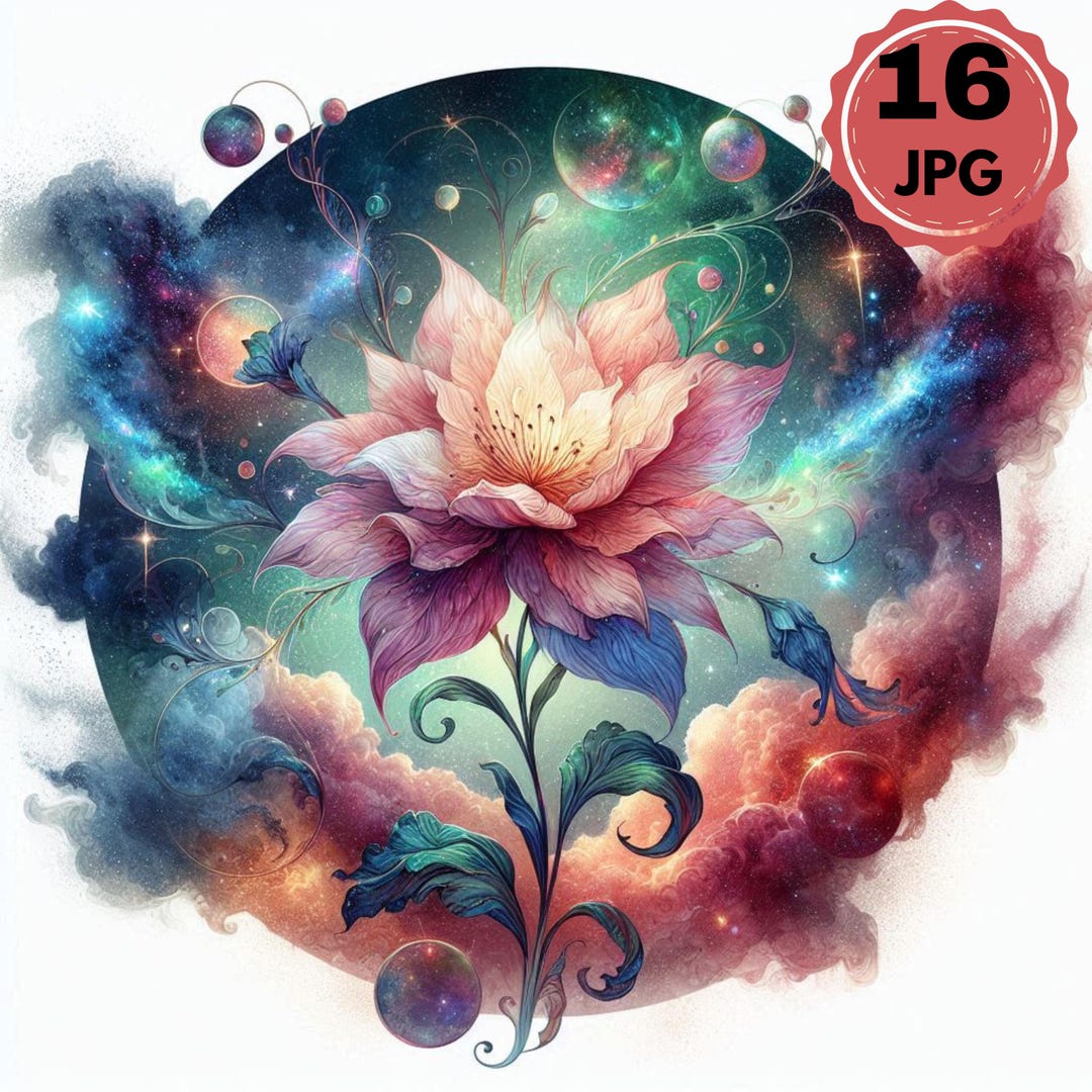 Celestial Flower Clipart Bundle – Watercolor Galaxy Blooms (digital ...