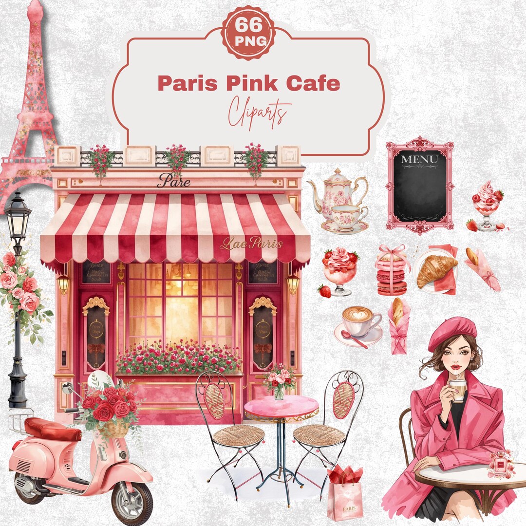 Pink Paris Cafe Clipart Bundle, Watercolor Eiffel Tower, Macarons (PNG ...