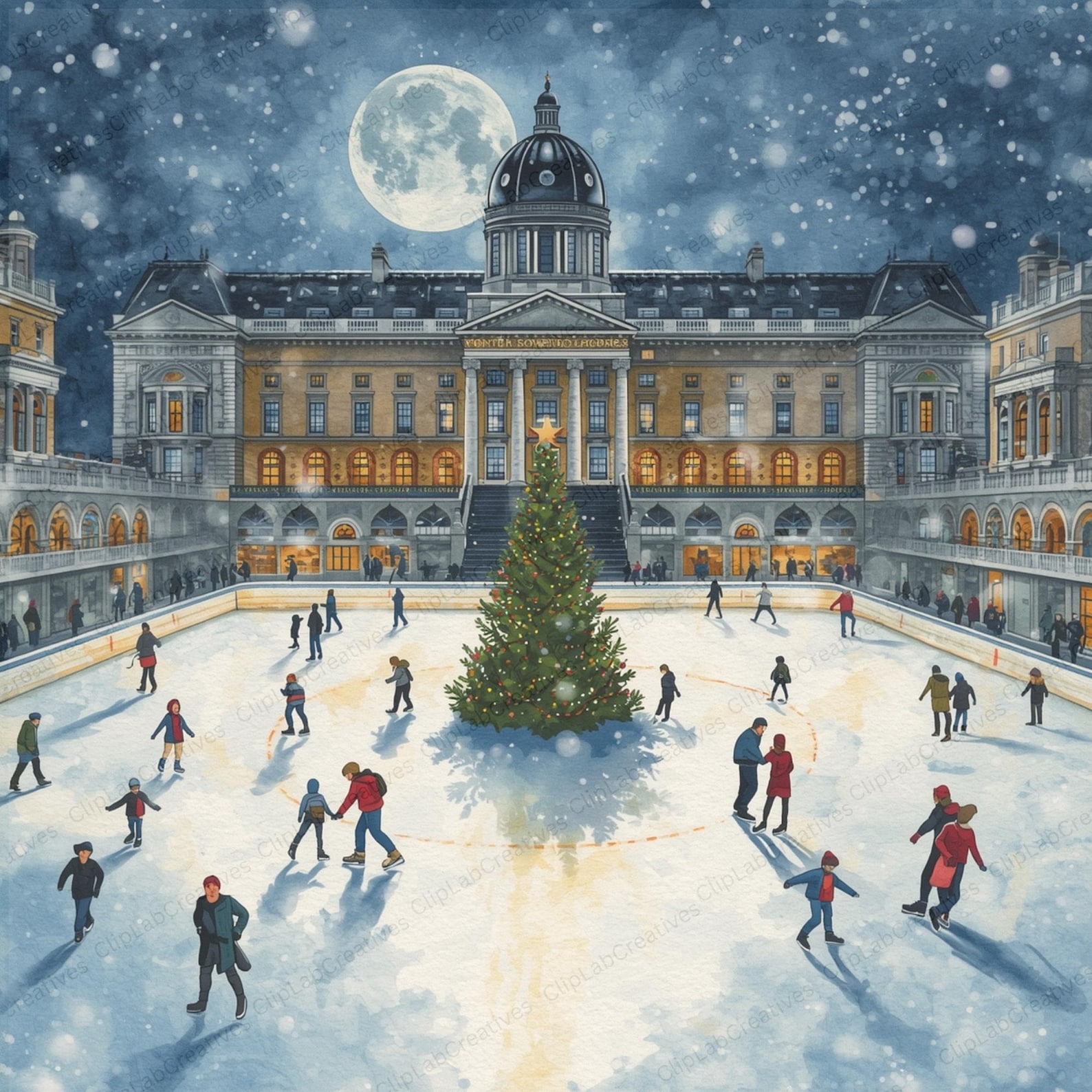 London Christmas Cityscape Watercolor Clipart, Winter London Street ...