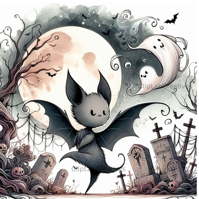 Kawaii Halloween Clipart: Bat & Ghost Watercolor Duo (digital Download ...