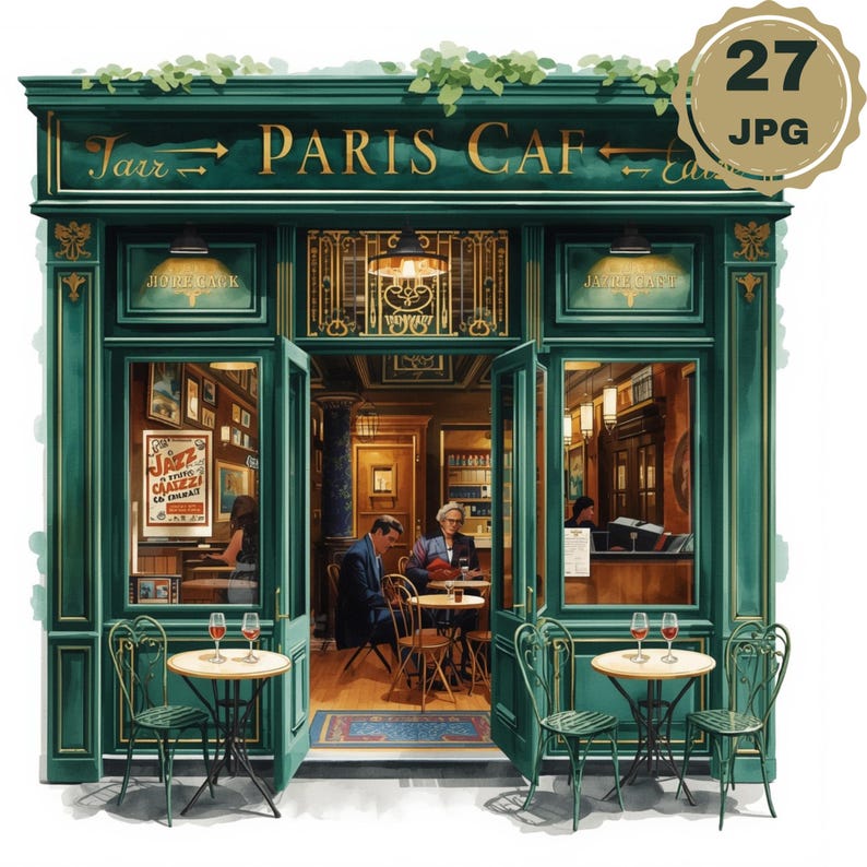 Paris Cafe Watercolor Clipart, French Bistro Facades, European Street ...