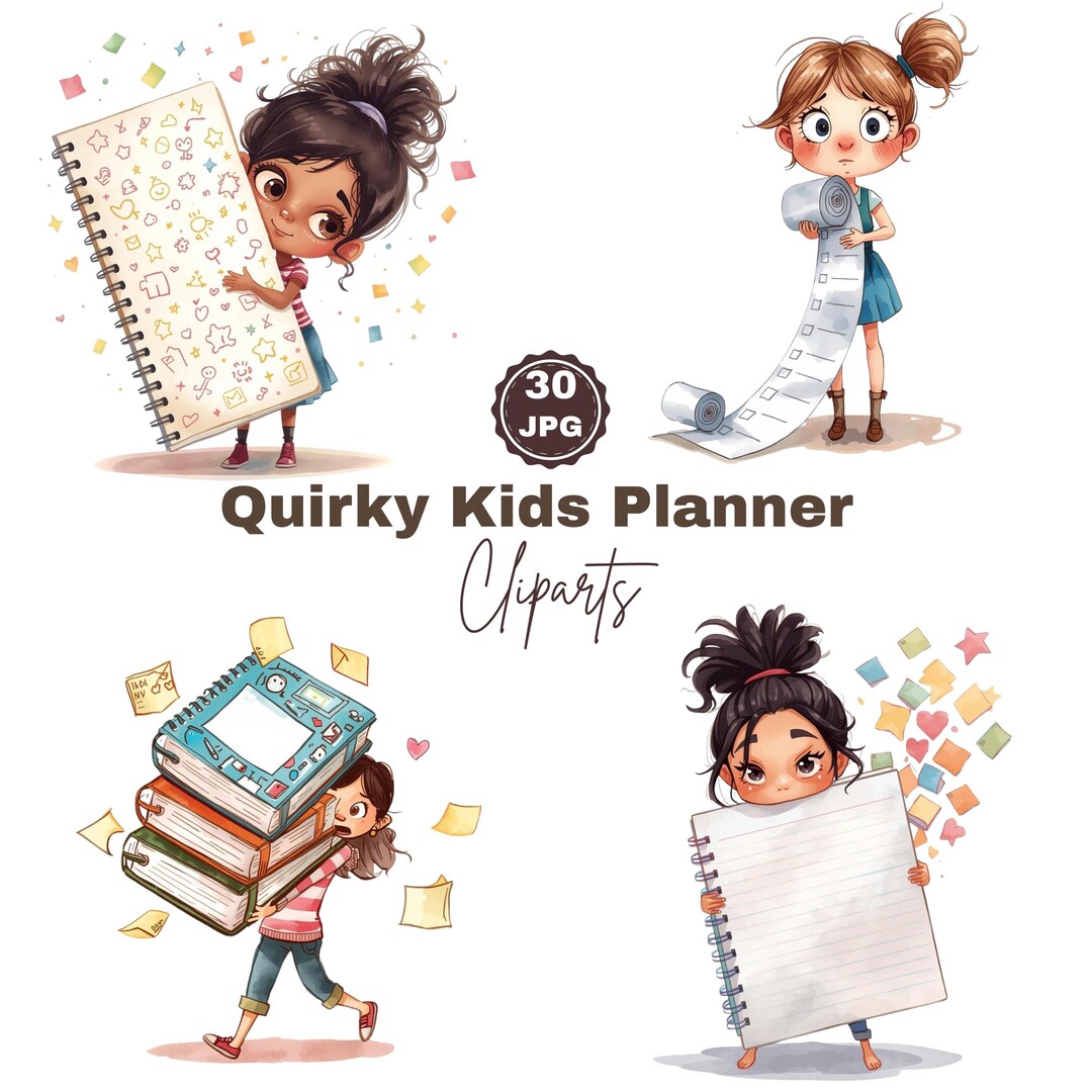 Watercolor Kids Planner Clipart | Quirky Students, Notebooks (30 JPG ...