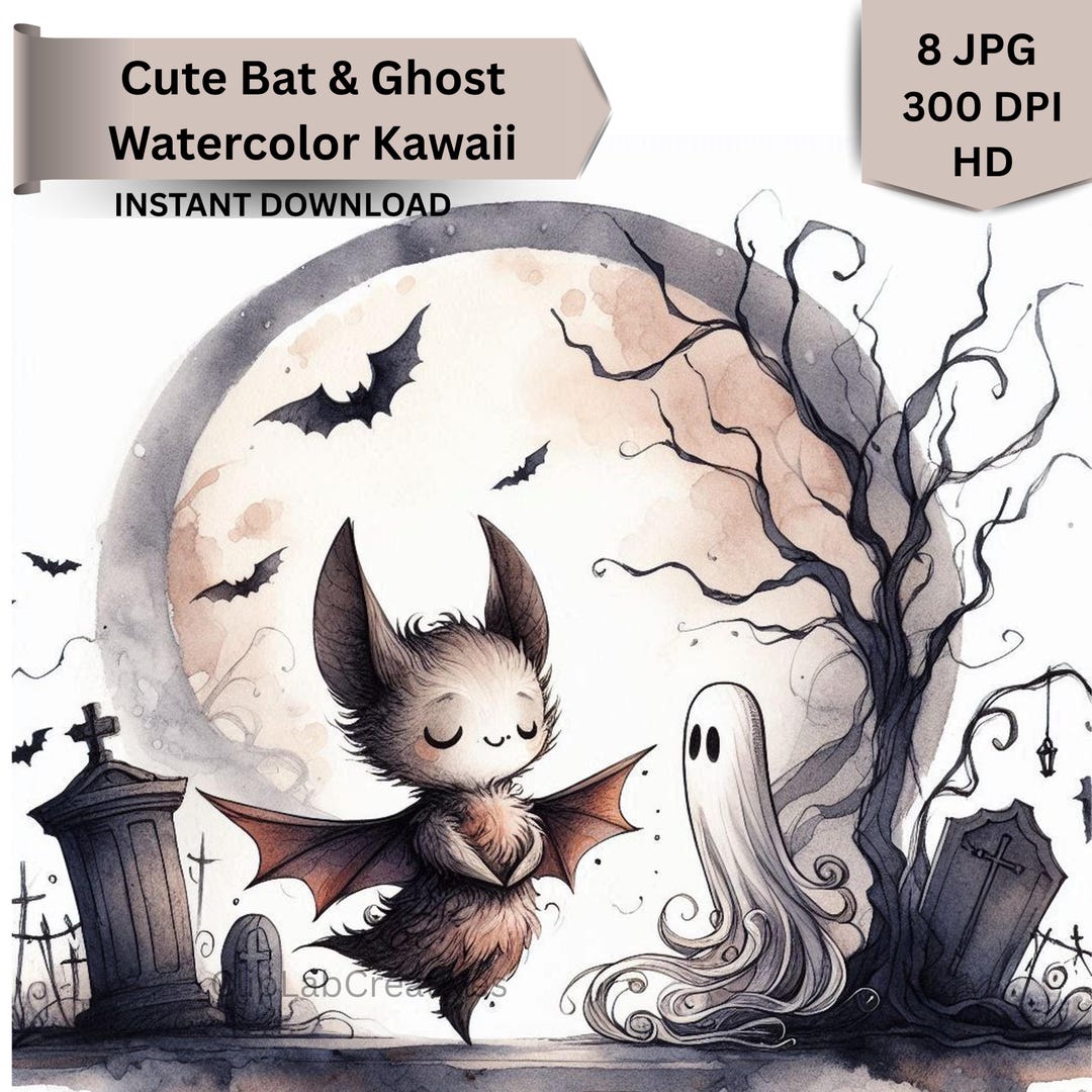 Kawaii Halloween Clipart: Bat & Ghost Watercolor Duo (digital Download ...