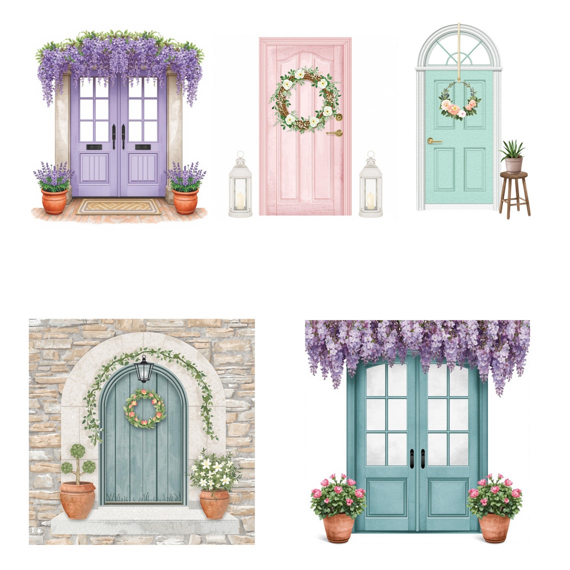 Spring Front Door Watercolor Clipart Set, Pastel Doorway JPG, Floral ...