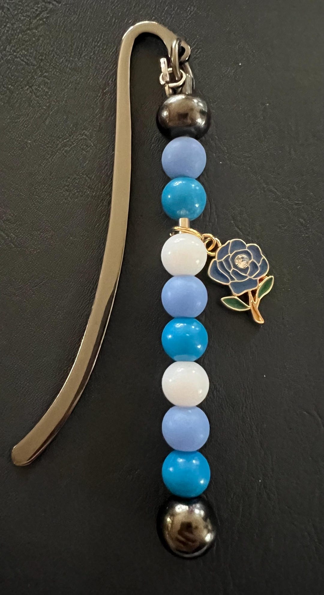 Silver Bookmark – Metal, Blue and White Beads and Hanging Blue Rose ...