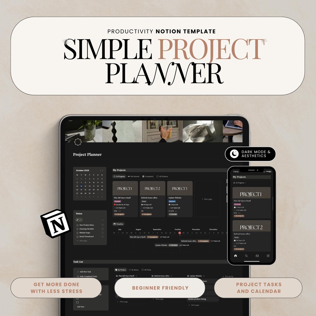 Notion Project Management Task Tracker Notion Template Dark Mode ...