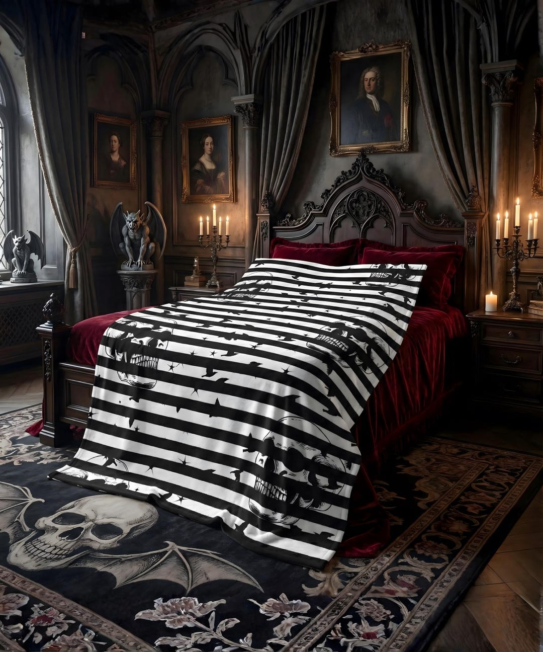 Striped Goth Blanket, Black and White Skull Throw, Raven Bird Bedding ...