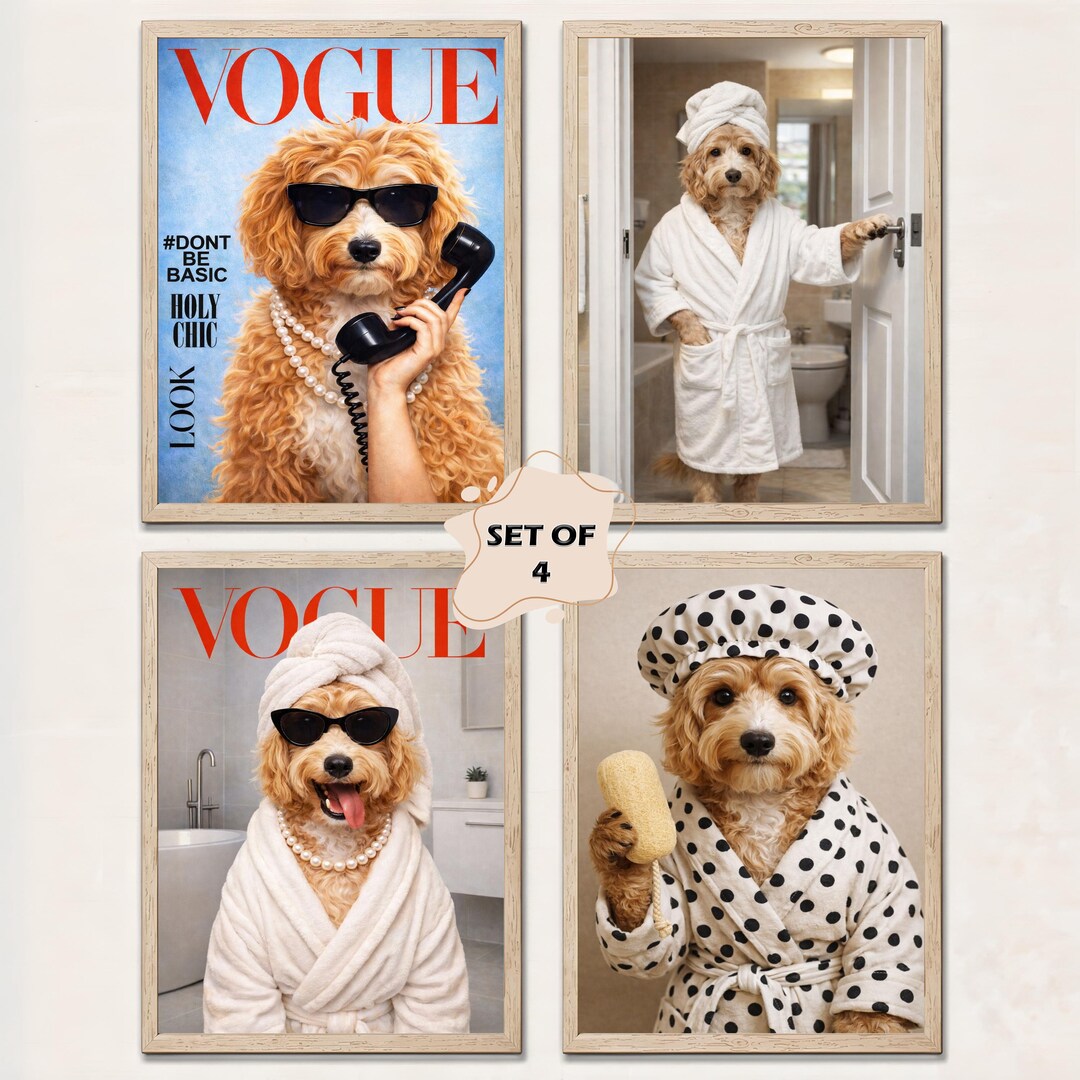 Custom Pet Spa Portrait Set of 4, Funny Vogue Style Bathroom Art ...