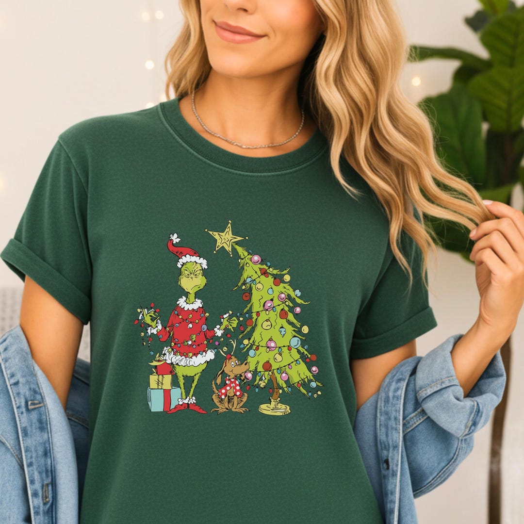 Grumpy Green Christmas Character Shirt With Lights Tree Festive Gifts ...