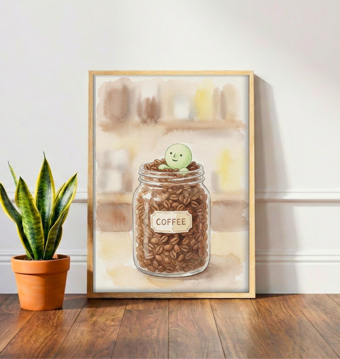 Smiski Coffee Bean Art Print | Cute Watercolor Poster | Kawaii Kitchen ...