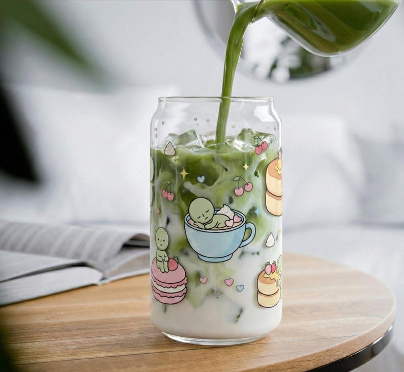 Smiski Inspired Dessert Glass Cup, Cute Matcha Latte Iced Coffee Glass ...