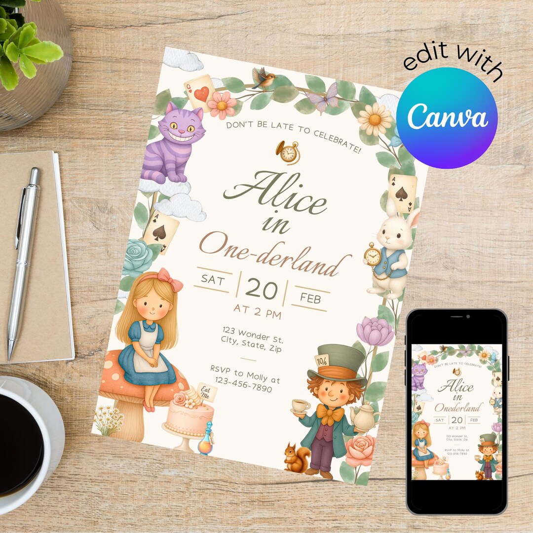 Alice in One-derland 1st Birthday Party Invitation (digital Template ...