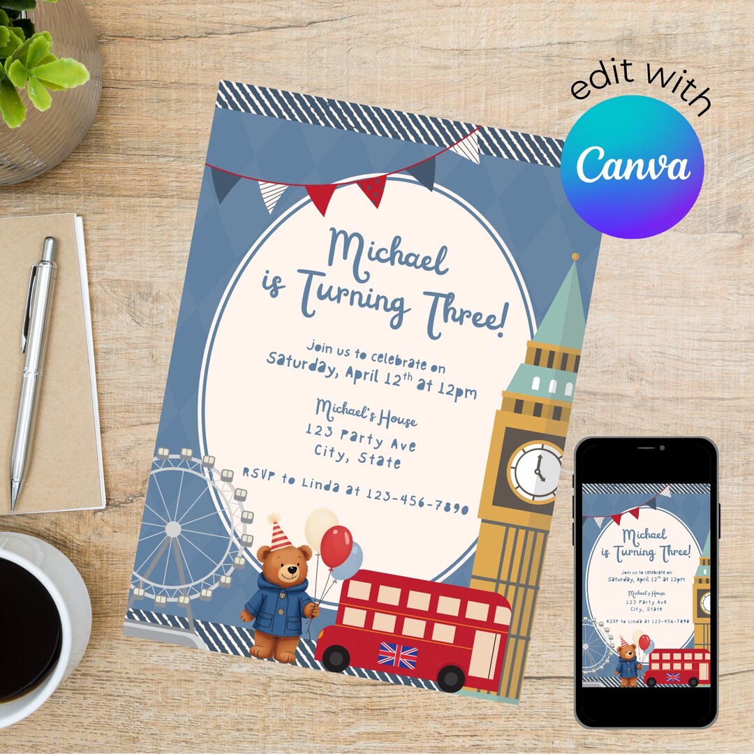 London Birthday Bear, Birthday Party Invitation (digital Template) - Etsy