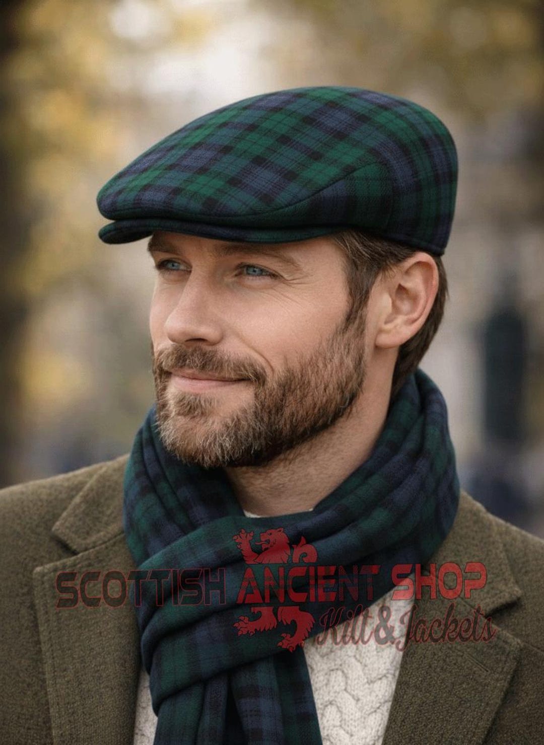 Scottish Tartan Flat Hat Cap With Matching Scarf for Men - Premium ...
