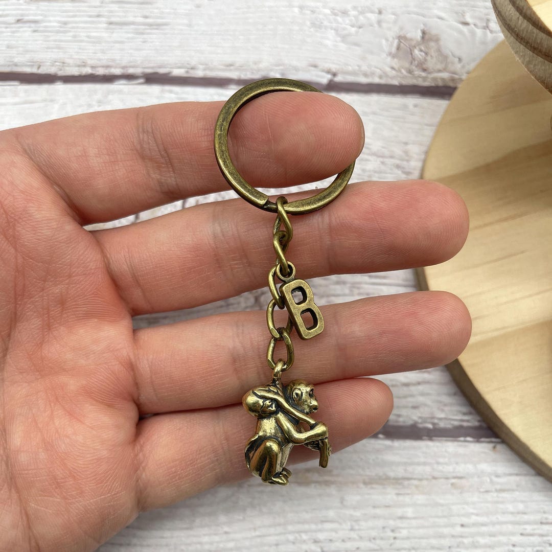Brass Monkey Keychain, Vintage Monkey Charm, Lucky Peach Pendant ...