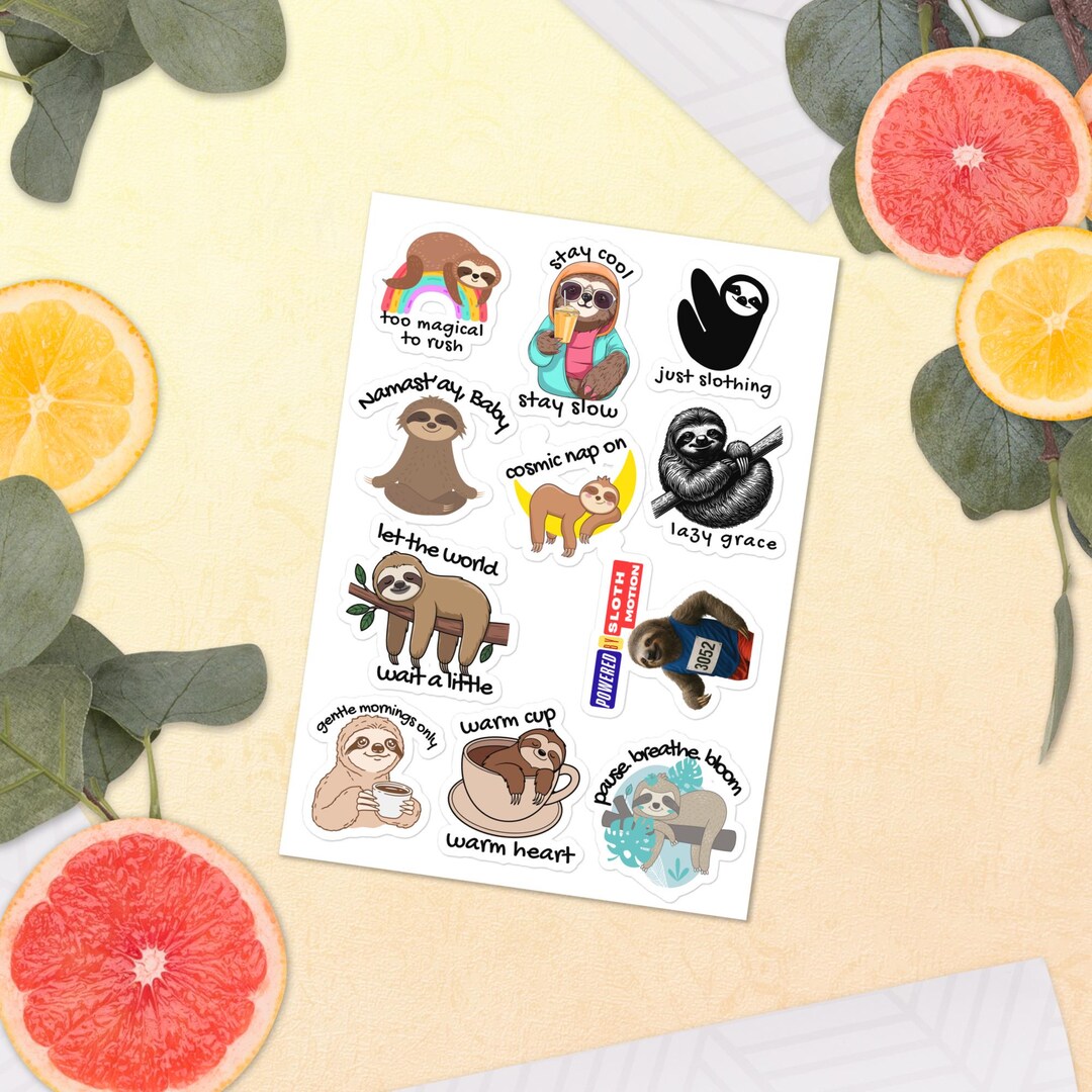 Funny Sloth Stickers, Lazy Cute Animal Designs - Kiss-cut Sheet 11 Pcs ...