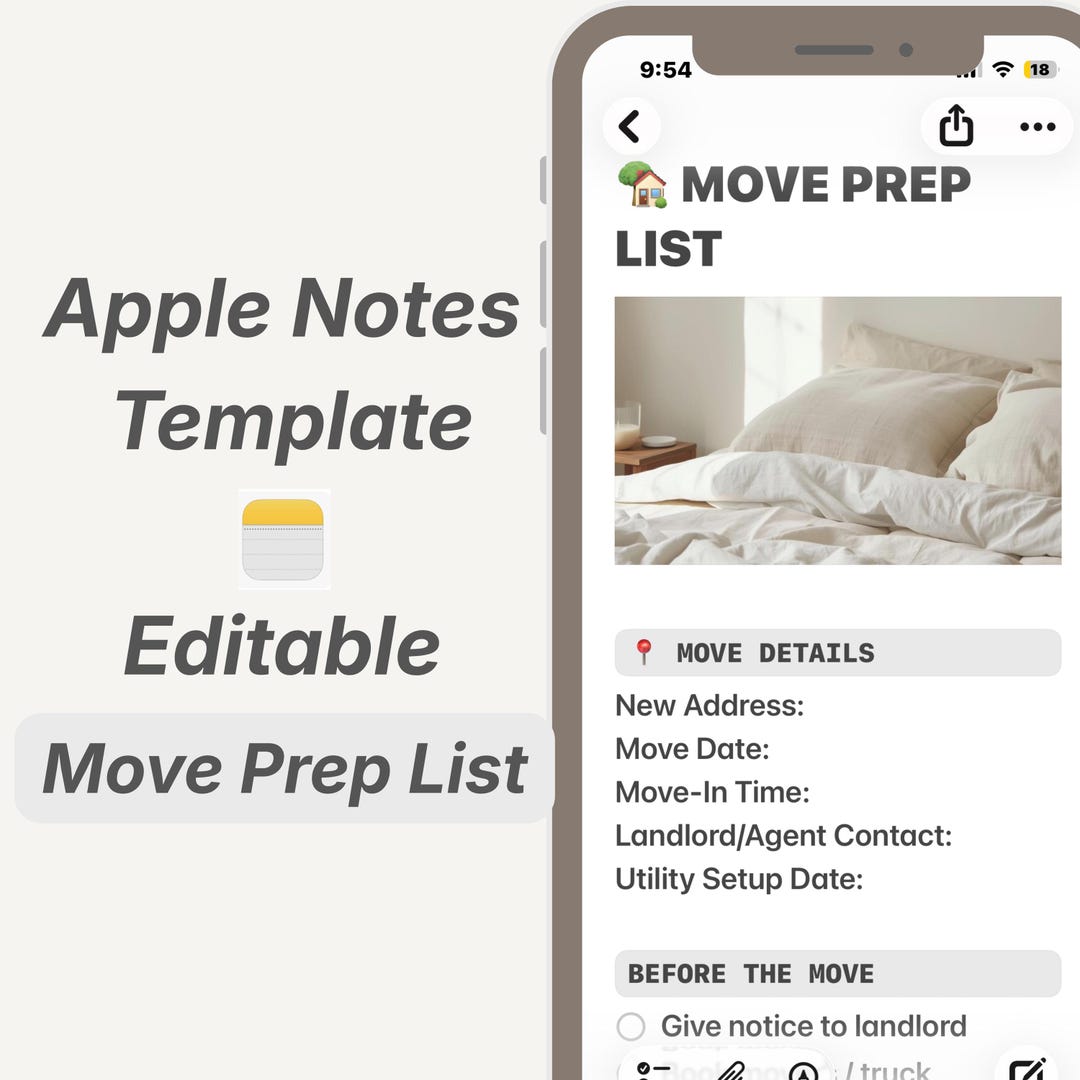 Apple Phone Notes App Moving Prep Checklist Template for Iphone, Ipad ...