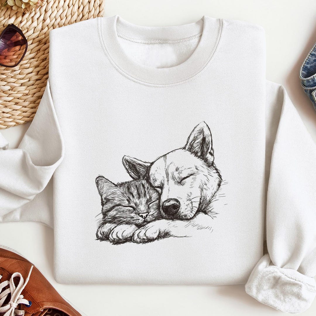 Cat and Dog Cuddle Crewneck – Sleeping Pets Pencil Sketch - Etsy