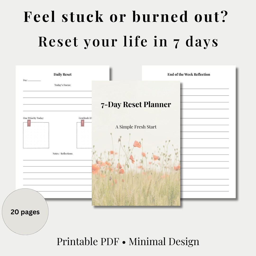 7 Day Reset Planner for Burnout | Simple Life Reset Printable | Start ...