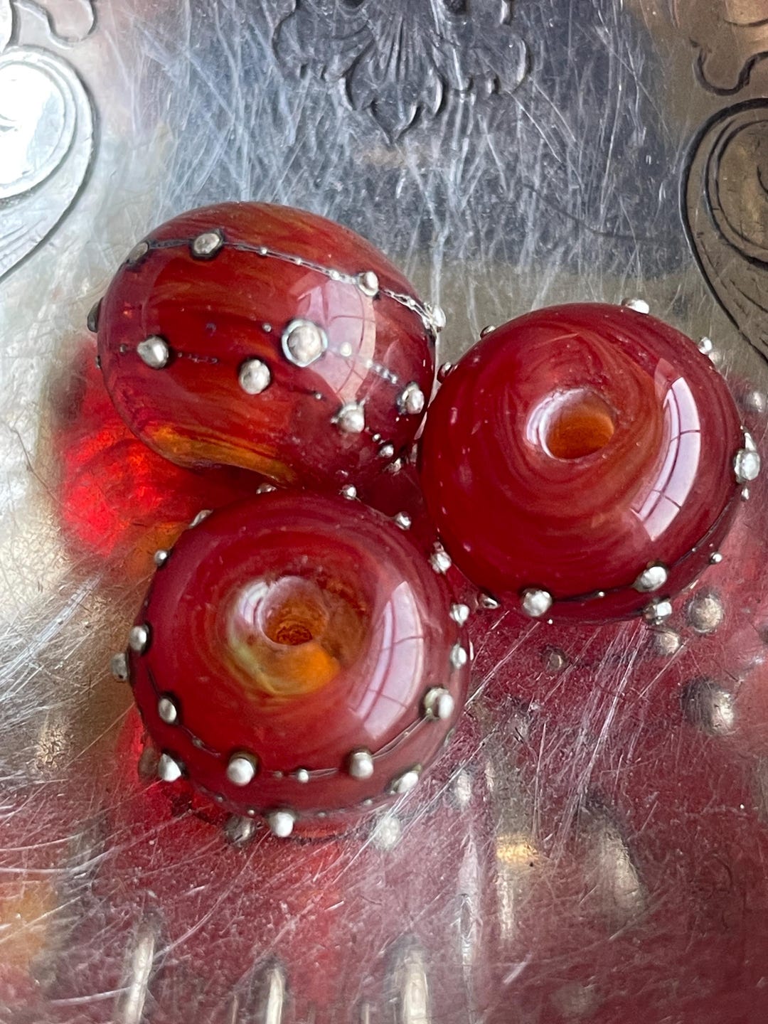 Lampwork Round Bead Red and Silver Dots Lot of 3 Beads - Etsy
