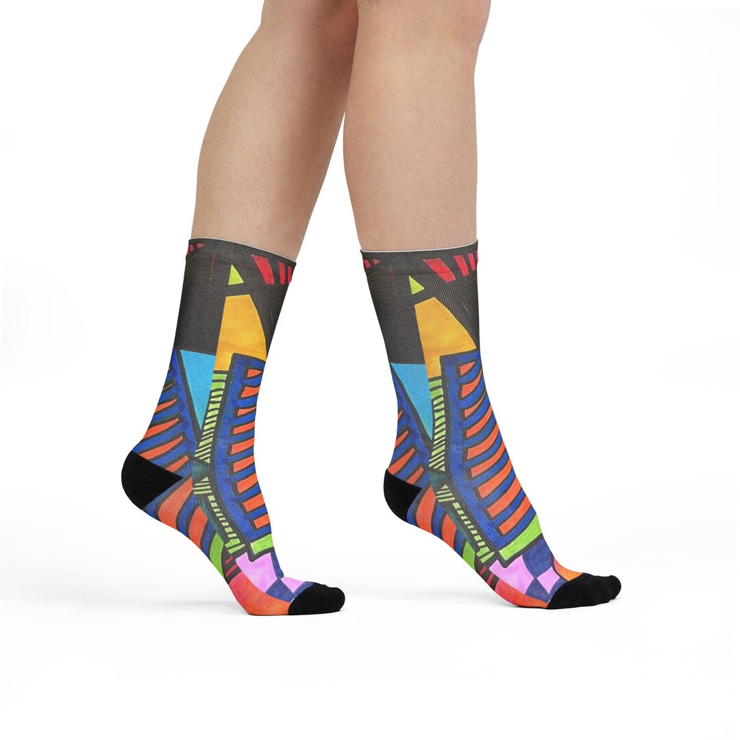 Hand-drawn Neon Rhythm Socks Bold Geometric Rainbow Artistic Crew - Etsy