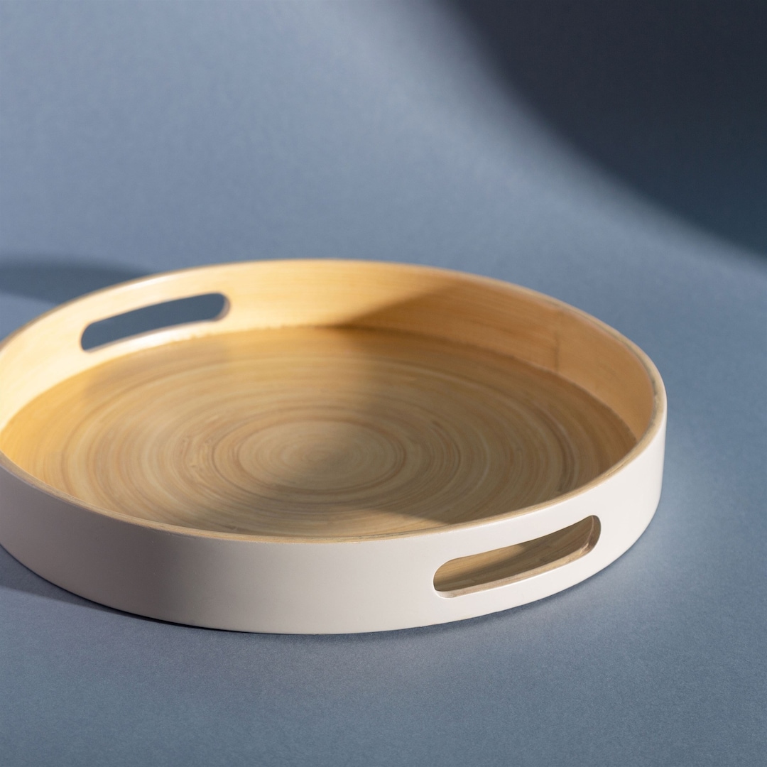 Grey Bamboo Round Serving Tray Circular With Handles for Afternoon Tea ...