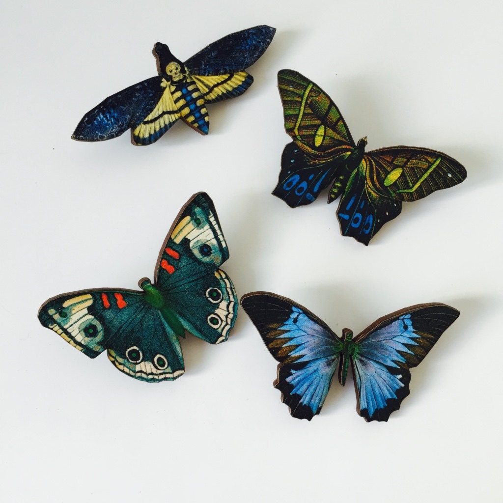 Skull Moth Dark Blue and Black Woodland Wooden Brooch Pin Birthday Gift ...