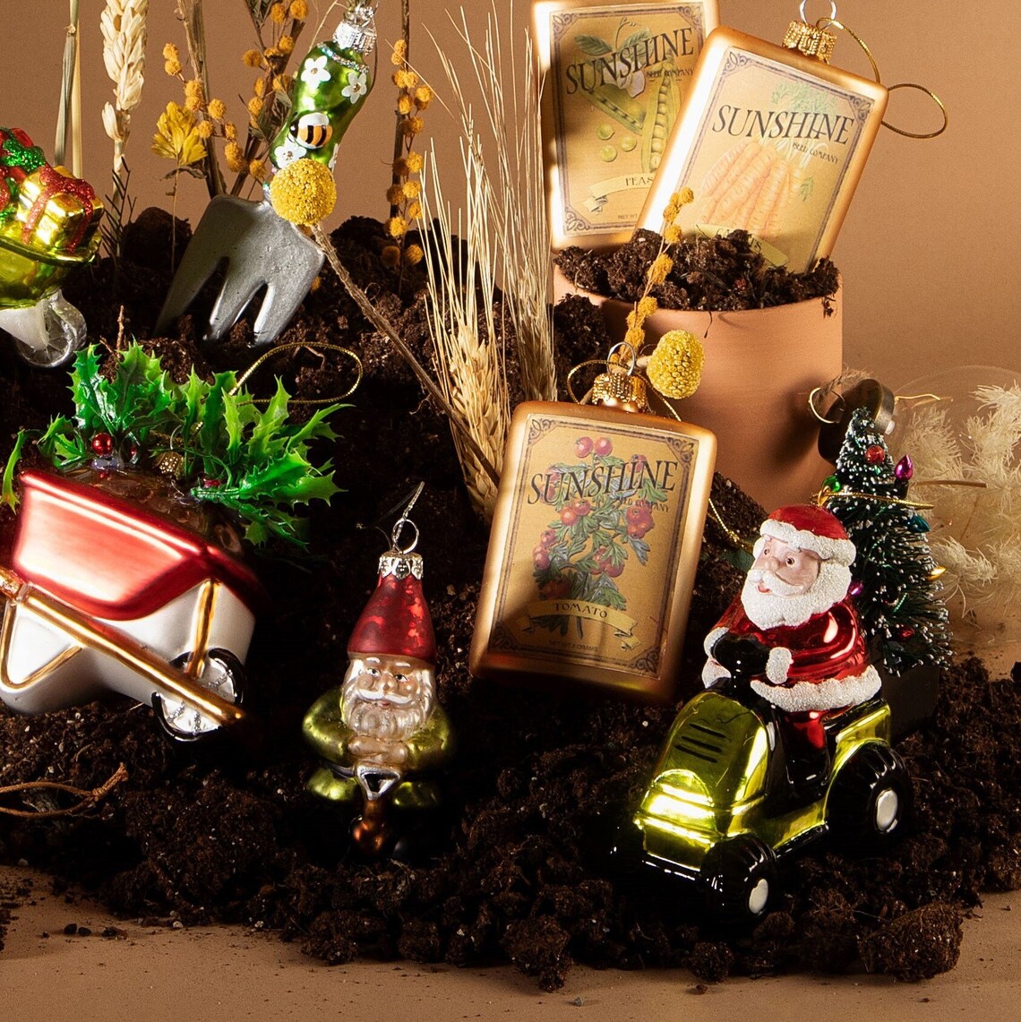 Santa on a Lawn Mower With Tree Shaped Bauble Red Green Glass Father ...