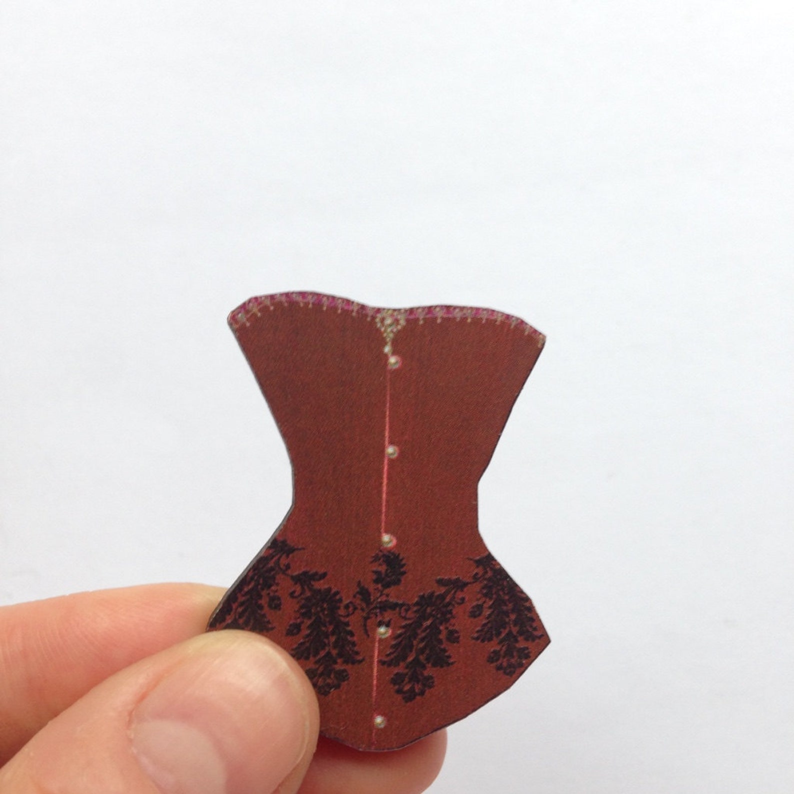 Black Red Deep Blood Rouge Corset Wooden Brooch Pin Gift Sewing Bee ...