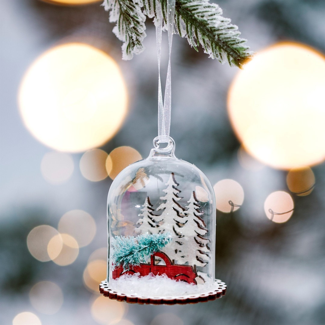 Car With Trees Winter Dome Shaped Bauble Red White Green Glass ...