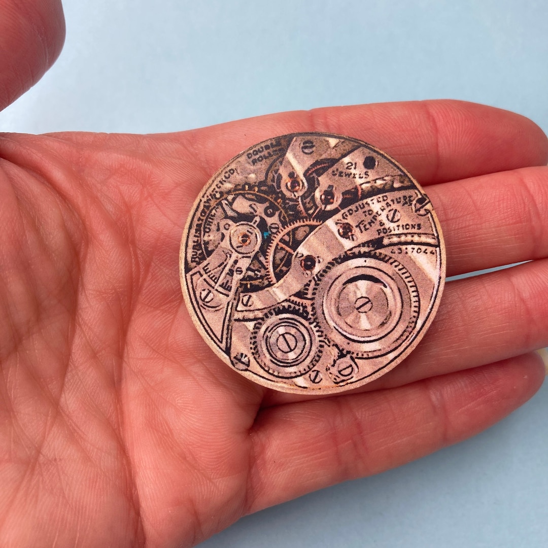 Bronze Watch Movement Wooden Brooch Pin Inside Watch Clock Mechanical ...