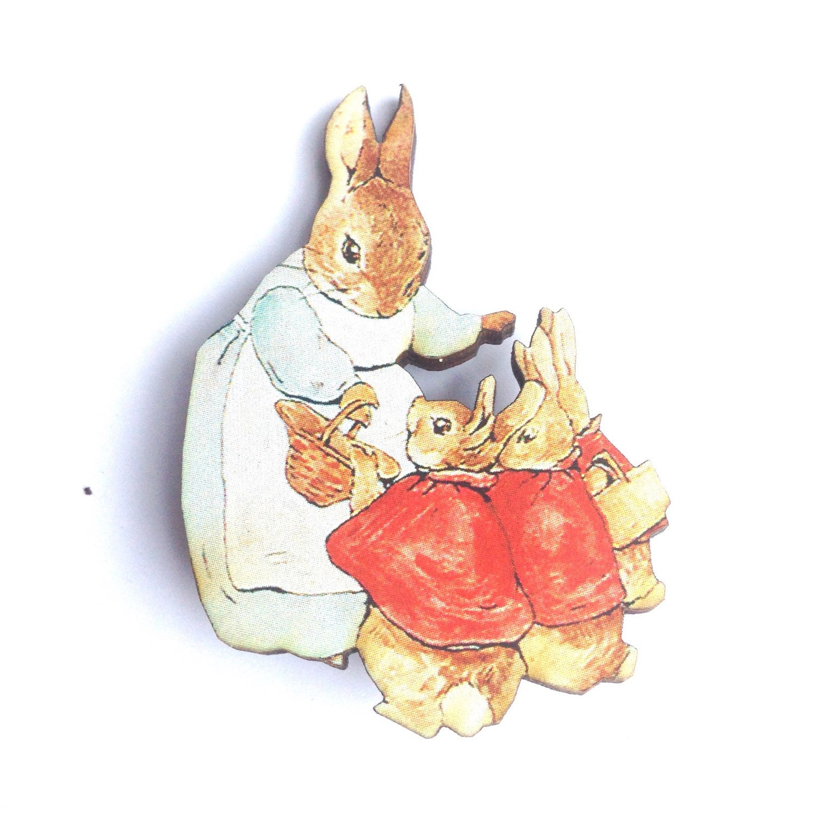 Mrs Rabbit With Little Rabbits Beatrix Potter Wooden Brooch Pin ...