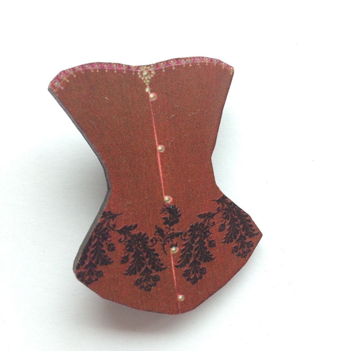Black Red Deep Blood Rouge Corset Wooden Brooch Pin Gift Sewing Bee ...