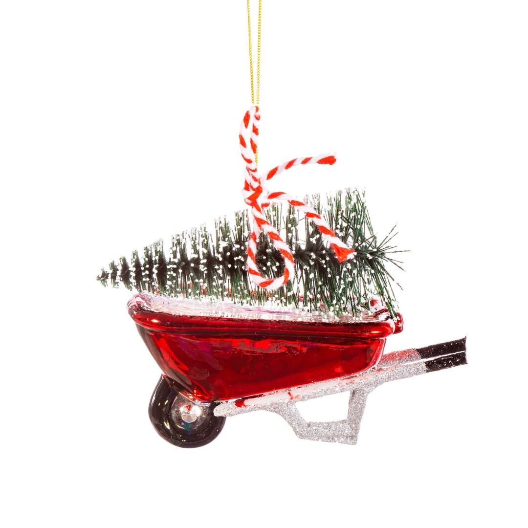 Wheelbarrow With Christmas Tree Shaped Bauble Green Red White Glass ...