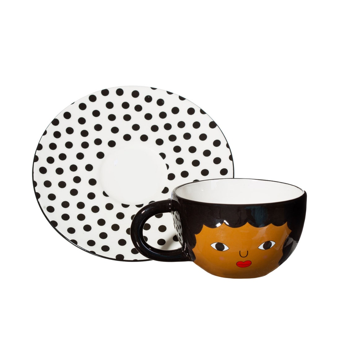 Lady Face Tea Cup and Saucer Black and White Polka Dots Tea Set for ...