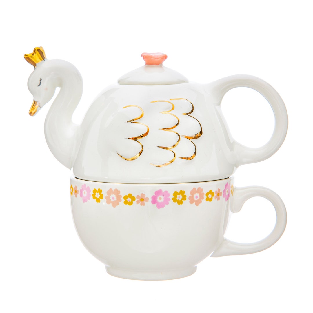 Swan Shaped Teapot White Gold Stacking Tea Cup Pot Set Drinking Mother ...
