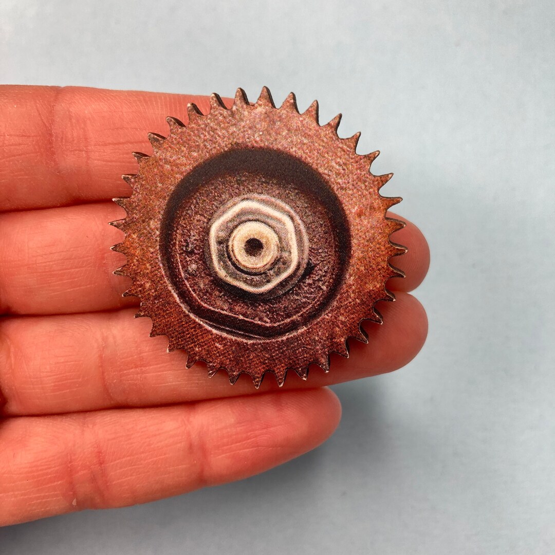 Rusty Cog With Nut and Bolt Wooden Brooch Pin Metal Tools Fix Mechanic ...