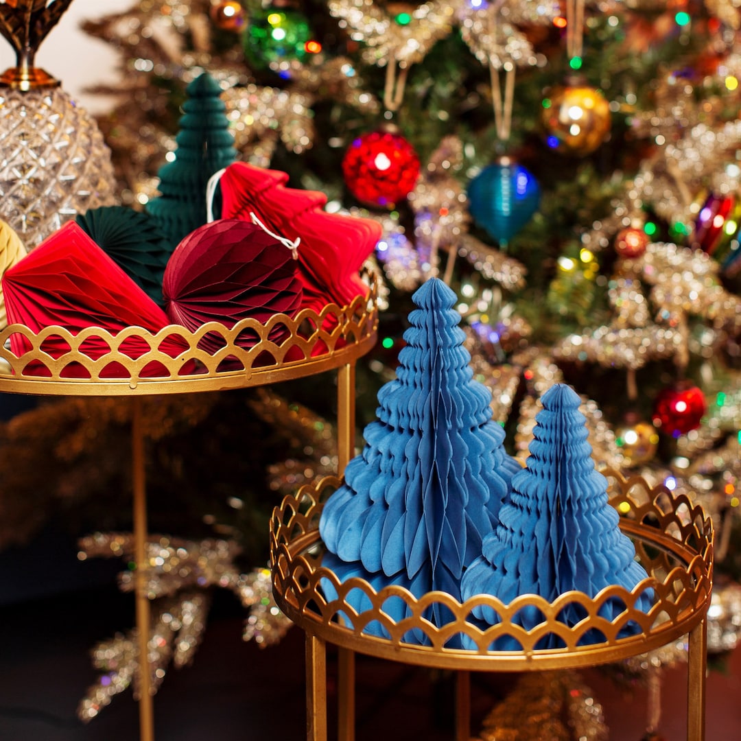 Navy Blue Standing Christmas Trees Set of 2 Honeycomb Shaped Decoration ...