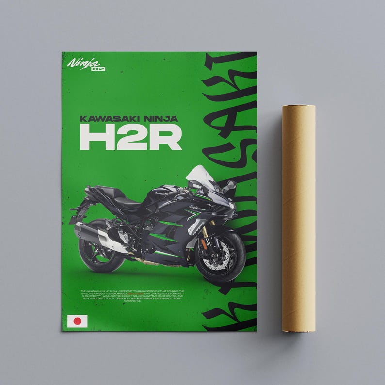 Kawasaki Ninja H2R Poster | Green H2R Superbike Wall Art | Supercharged ...