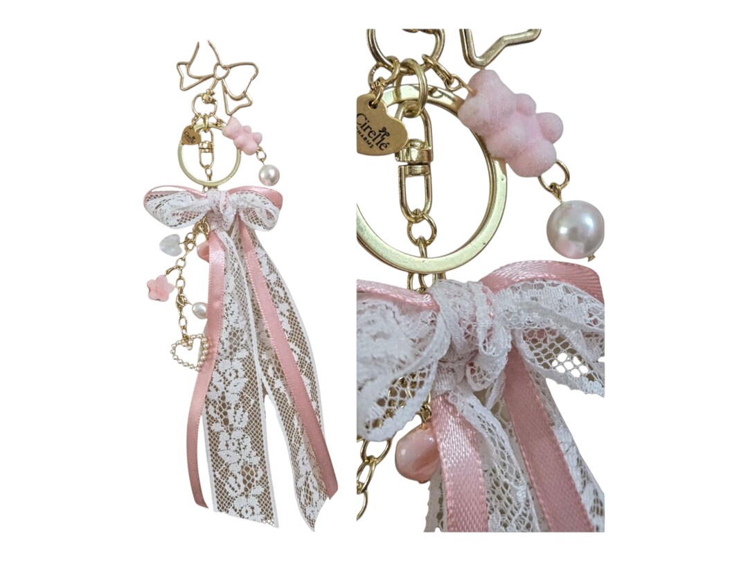 Coquette Keychain: Handmade Pink Lace Bow, Pearl Bag Charm - Etsy