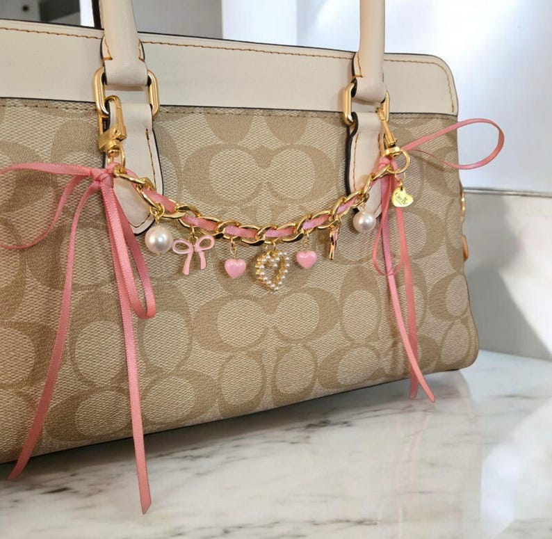 Coquette Bag Chain 8in or 15.5in / Pink Satin Ribbon Bow & Gold Chain ...