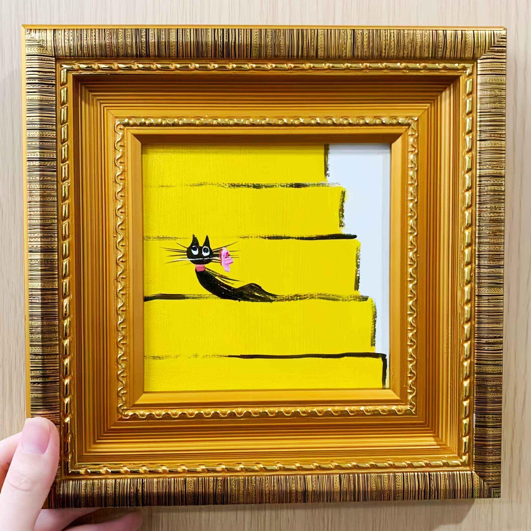 Gold Black Cat Oil Painting,small Framed Original Art 9x9 Inch Canvas ...
