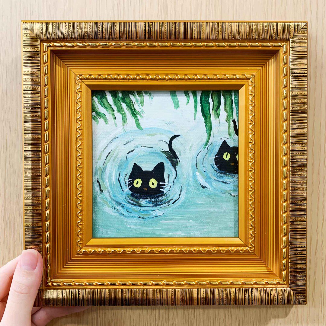 9x9 Inch Two Black Cats Playing in the Water Oil Painting,original Art ...